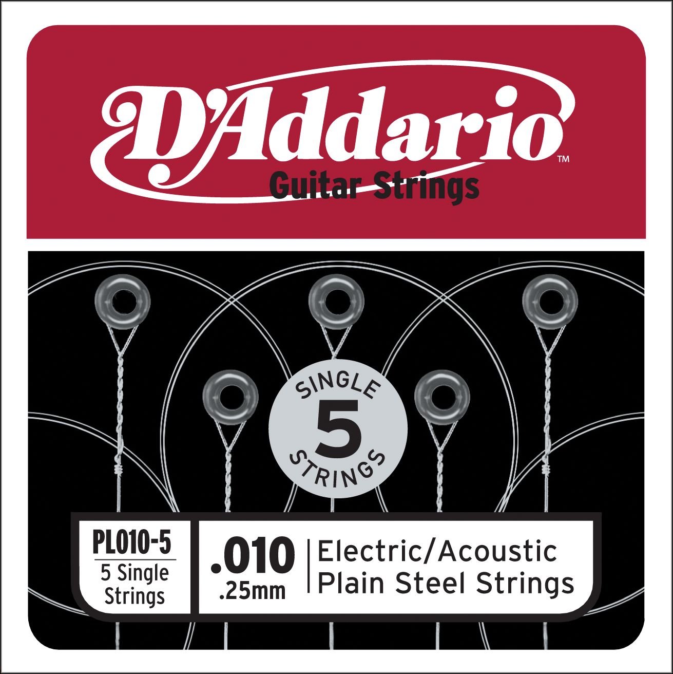 D'Addario PL010-5 Plain Steel Guitar Single String, 010 5-pack