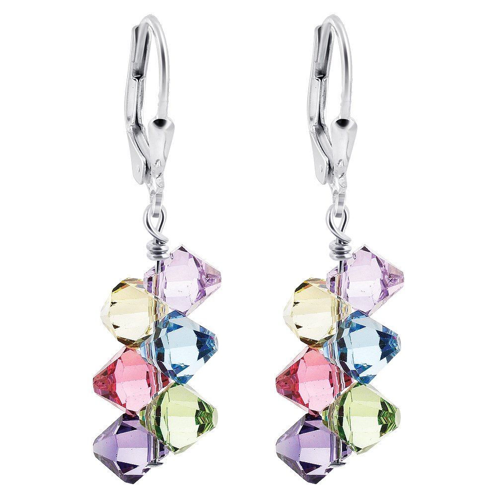 Multicolor Austrian Crystals Women's Handmade Drop Earrings with 925 Sterling Silver Secure Leverback