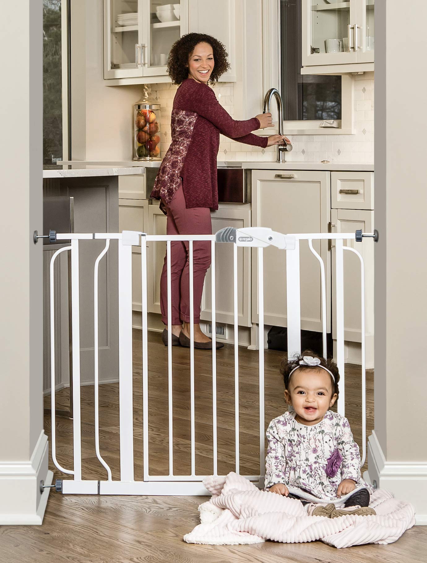 Regalo Easy Step Extra Wide Baby Gate, Includes 4-Inch and 4-Inch Extension Kits, 4 Pack of Pressure Mounts Kit and 4 Pack of Wall Mount Kit