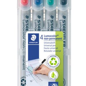 Staedtler Lumograph Non-Permanent, Wet Erase Marker Pens, Medium Tip Refillable Colored Markers, 4 Pack, 315 WP4