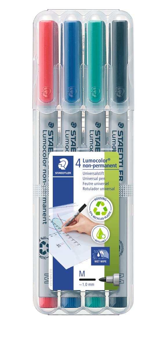 Staedtler Lumograph Non-Permanent, Wet Erase Marker Pens, Medium Tip Refillable Colored Markers, 4 Pack, 315 WP4