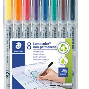 Staedtler Lumograph Non-Permanent Wet Erase Marker Pens, Medium Tip Refillable Colored Markers, 8 Pack, 315 WP8