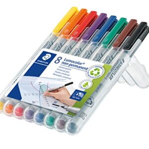 Staedtler Lumograph Non-Permanent Wet Erase Marker Pens, Medium Tip Refillable Colored Markers, 8 Pack, 315 WP8