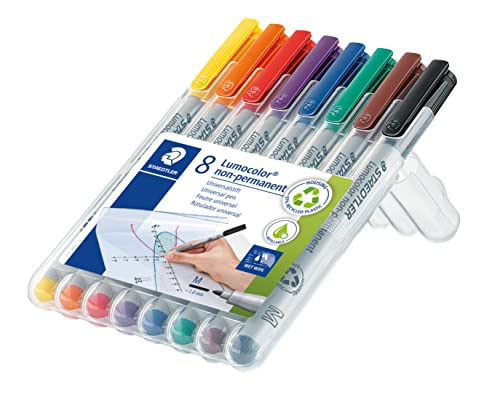 Staedtler Lumograph Non-Permanent Wet Erase Marker Pens, Medium Tip Refillable Colored Markers, 8 Pack, 315 WP8