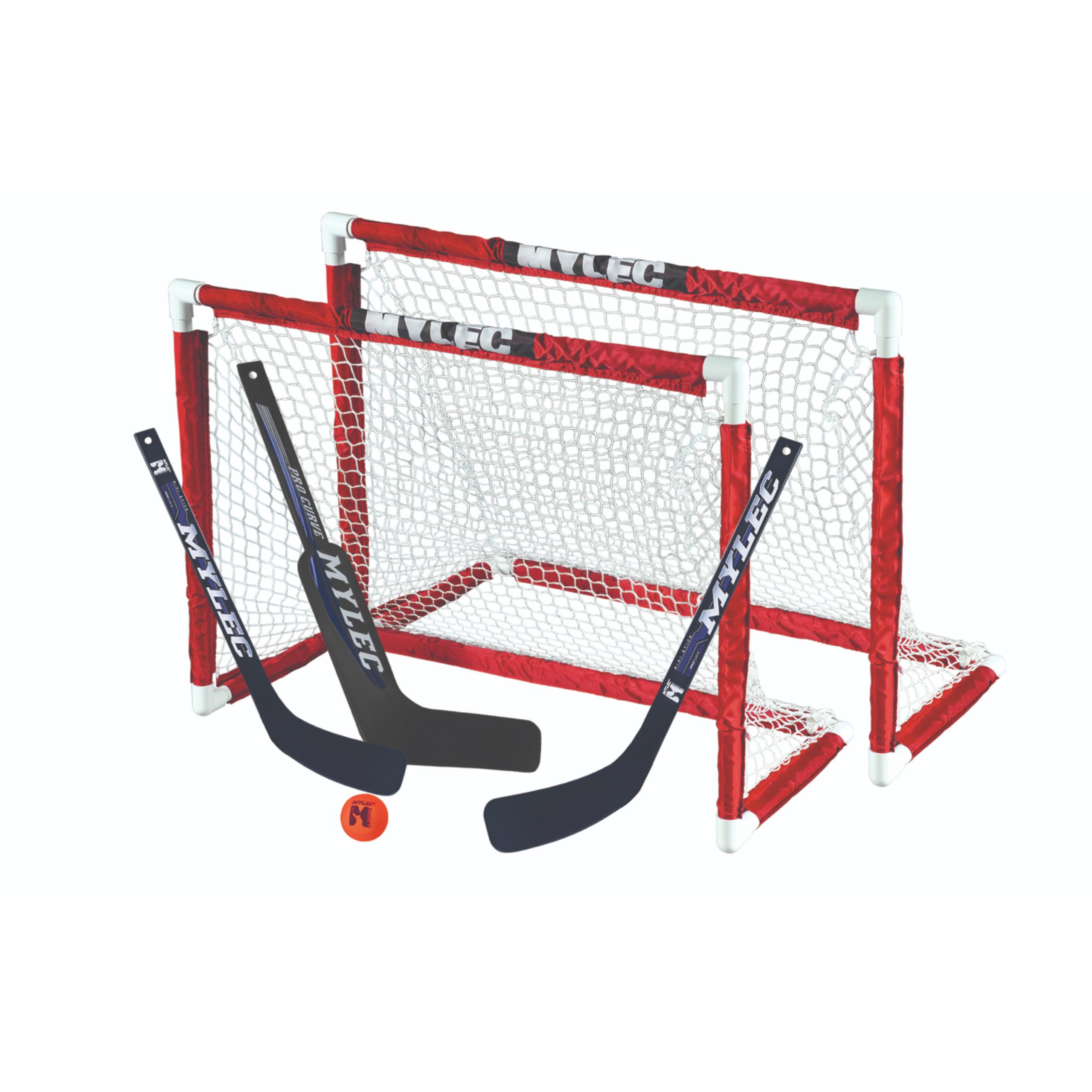 Mylec MINI Hockey Set, 2 x MINI PVC Hockey Goals (30.5" x 23"), 2 x Plastic MINI Player Sticks (Left and Right), 1 x Goalie Stick, 1xHockey Foam Ball