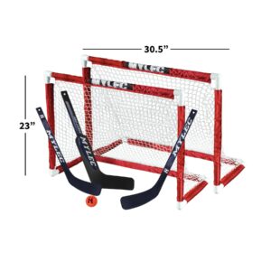 Mylec MINI Hockey Set, 2 x MINI PVC Hockey Goals (30.5" x 23"), 2 x Plastic MINI Player Sticks (Left and Right), 1 x Goalie Stick, 1xHockey Foam Ball