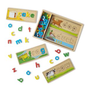 melissa & doug see & spell wooden educational toy with 8 double-sided spelling boards and 64 letters preschool learning activities, see & spell learning toys for kids ages 4+