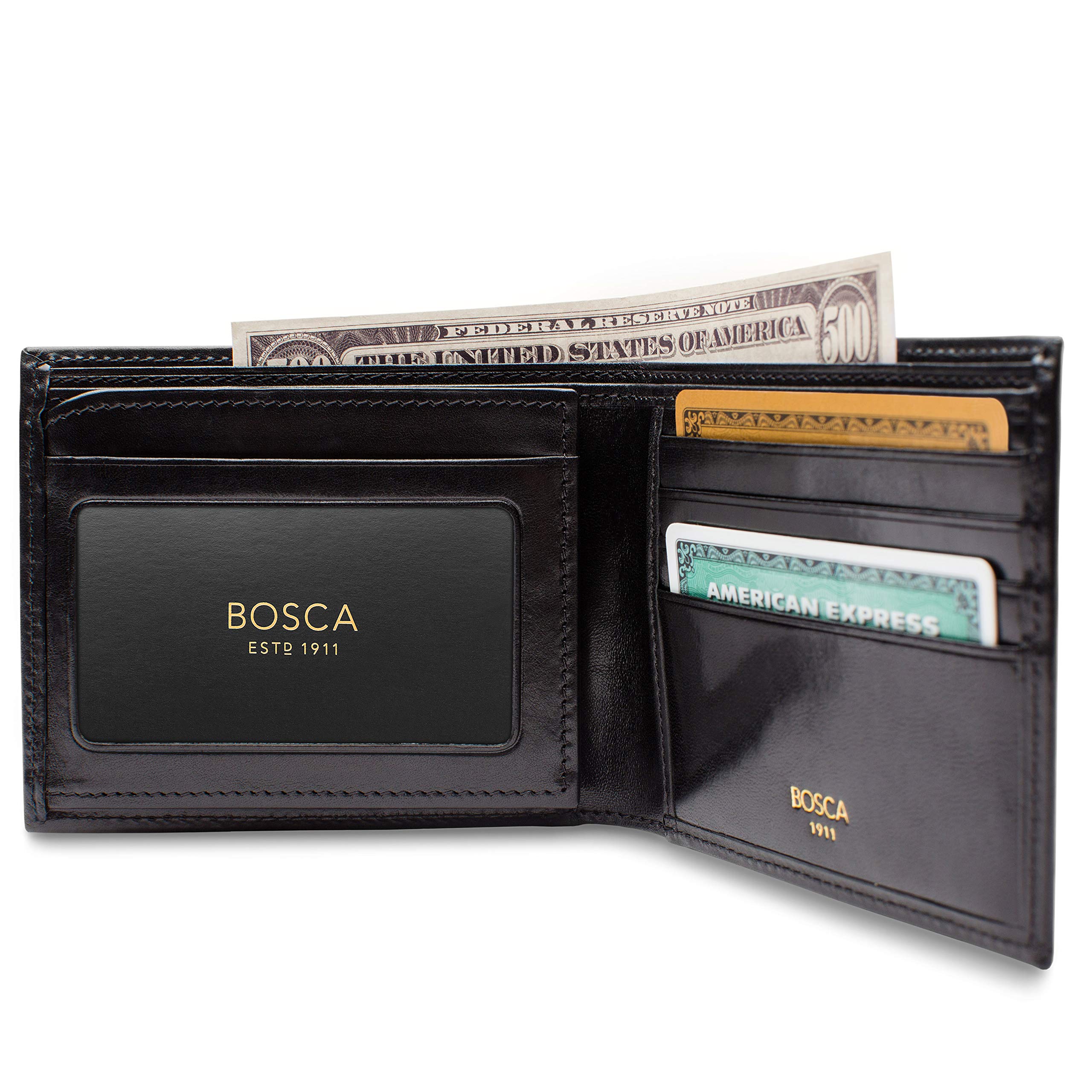 Bosca Men's Old Leather Bifold Wallet with ID Window and Card Slots - Italian Leather, Durable and Stylish, Black