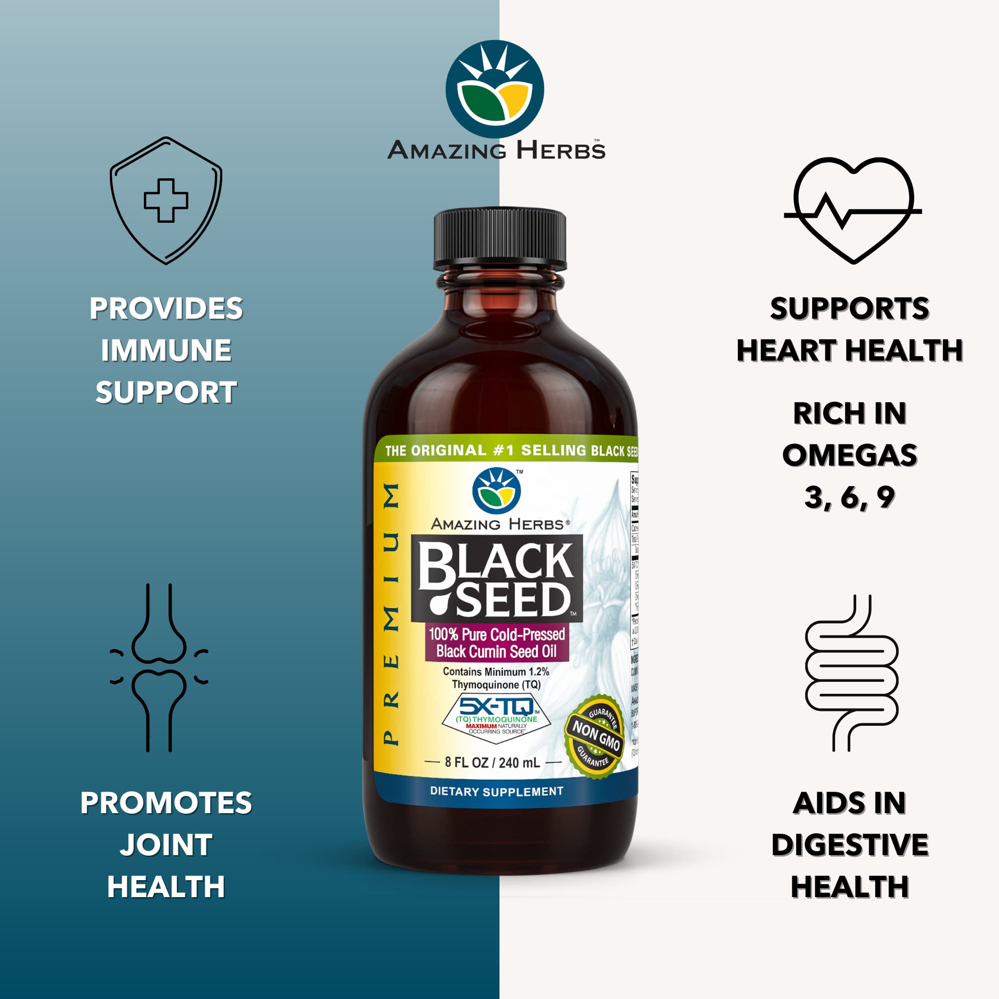 Amazing Herbs Premium Black Seed Oil - Cold Pressed Nigella Sativa Aids in Digestive Health, Immune Support, Brain Function, Joint Mobility, Gluten Free, Non GMO - 8 Fl Oz