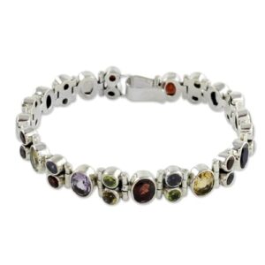 novica artisan handmade multigemstone link bracelet sterling silver peridot iolite green multicolor purple red yellow india birthstone [7.5 in l x 0.4 in w] ' sparkle'