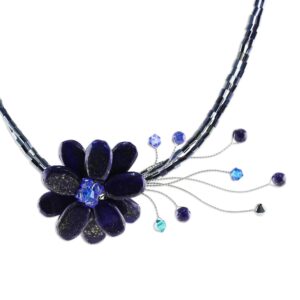 novica handmade lapis lazuli choker flower necklace stainless steel glass bead blue beaded pendant thailand royal reflecting pond floral birthstone [17 in l x 1.2 in w] 'midnight sea'