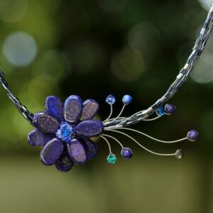 NOVICA Handmade Lapis Lazuli Choker Flower Necklace Stainless Steel Glass Bead Blue Beaded Pendant Thailand Royal Reflecting Pond Floral Birthstone [17 in L x 1.2 in W] 'Midnight Sea'