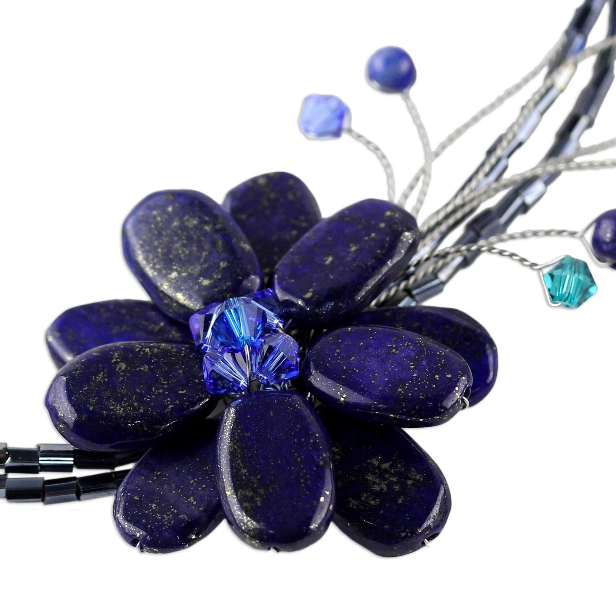 NOVICA Handmade Lapis Lazuli Choker Flower Necklace Stainless Steel Glass Bead Blue Beaded Pendant Thailand Royal Reflecting Pond Floral Birthstone [17 in L x 1.2 in W] 'Midnight Sea'