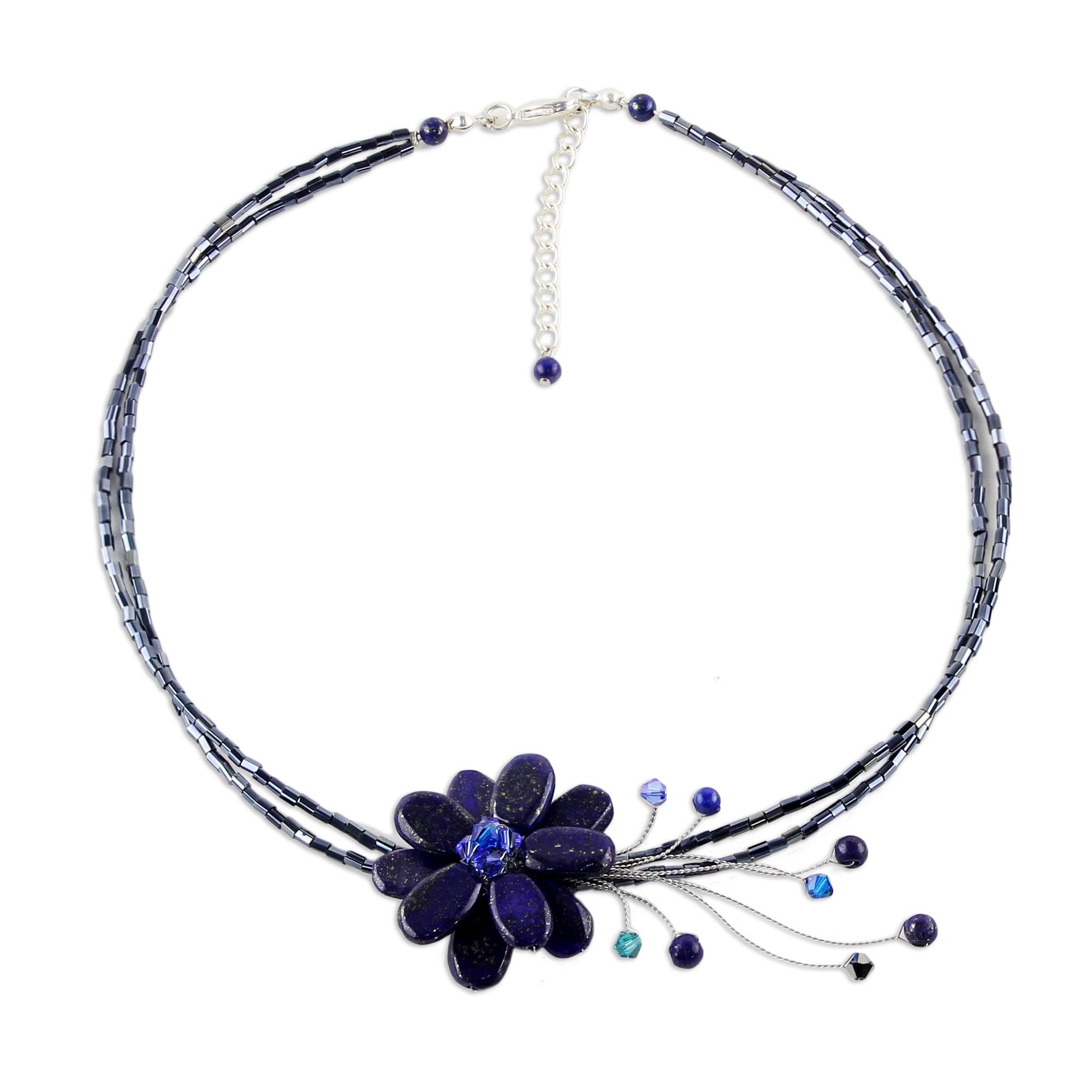 NOVICA Handmade Lapis Lazuli Choker Flower Necklace Stainless Steel Glass Bead Blue Beaded Pendant Thailand Royal Reflecting Pond Floral Birthstone [17 in L x 1.2 in W] 'Midnight Sea'