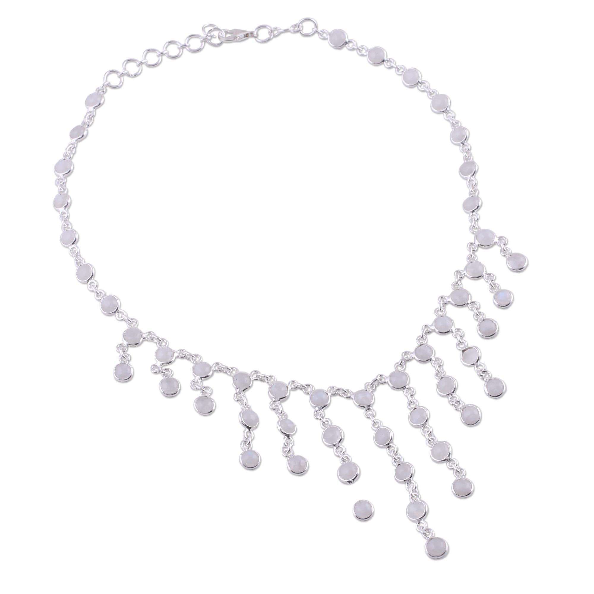 NOVICA Artisan Handmade Moonstone Waterfall Necklace Artisan Jewelry Sterling Silver Choker White India Birthstone [16.5 in L x 2.4 in W] ' Radiance'