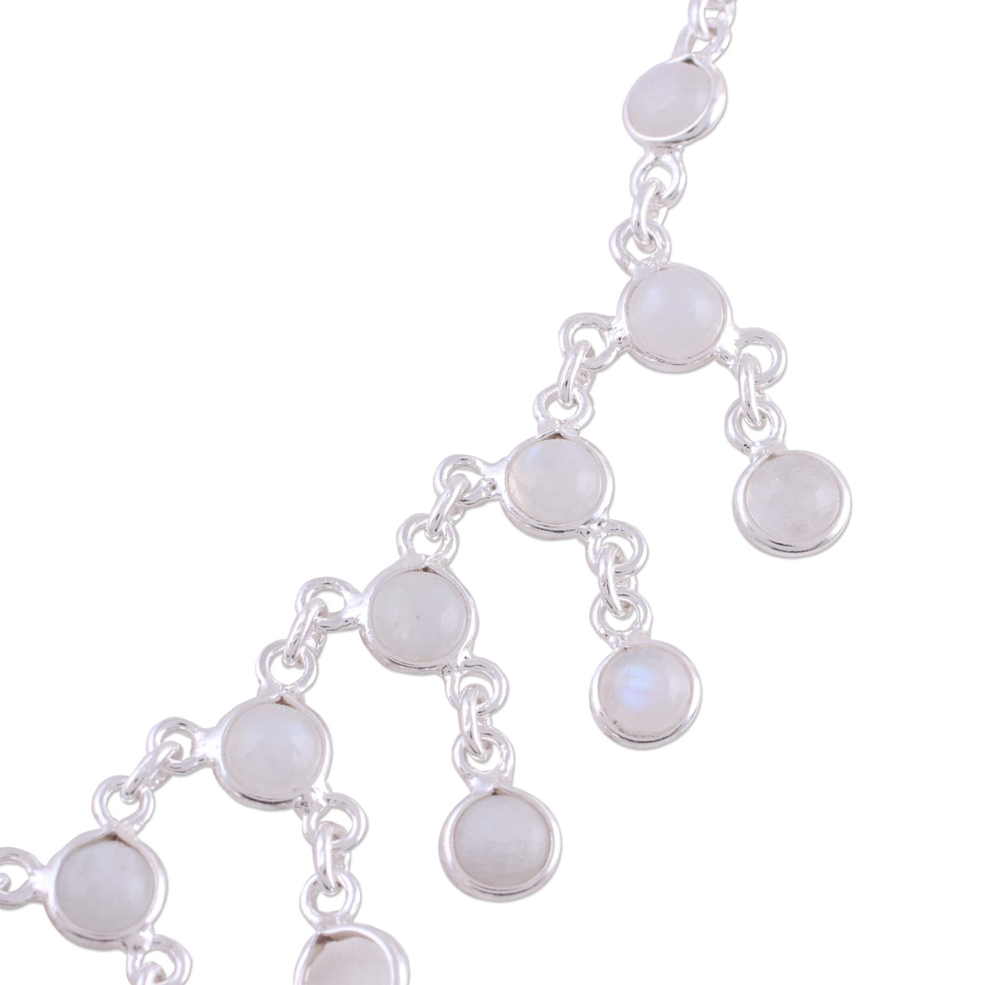 NOVICA Artisan Handmade Moonstone Waterfall Necklace Artisan Jewelry Sterling Silver Choker White India Birthstone [16.5 in L x 2.4 in W] ' Radiance'