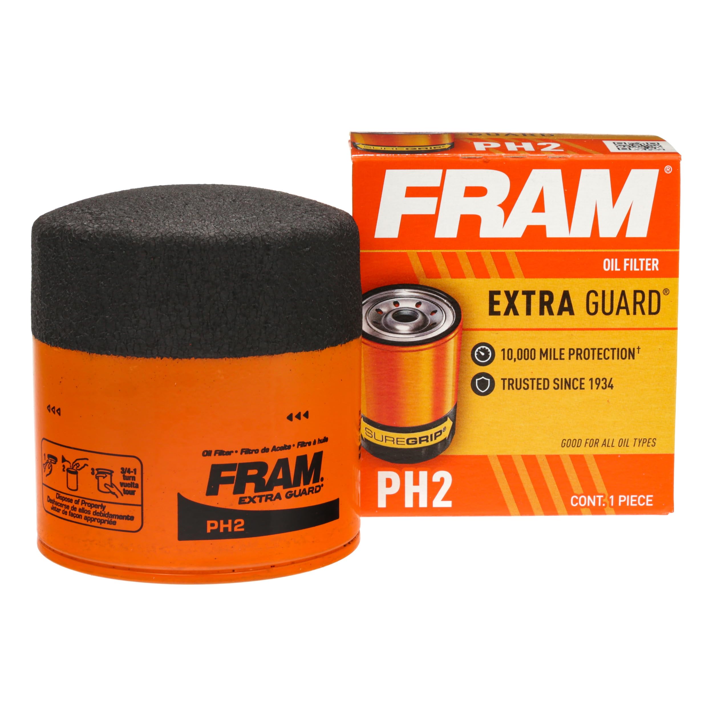 FRAM Extra Guard PH2, 10K Mile Change Automotive Replacement Interval Spin-On Engine Oil Filter for Select Vehicle Models