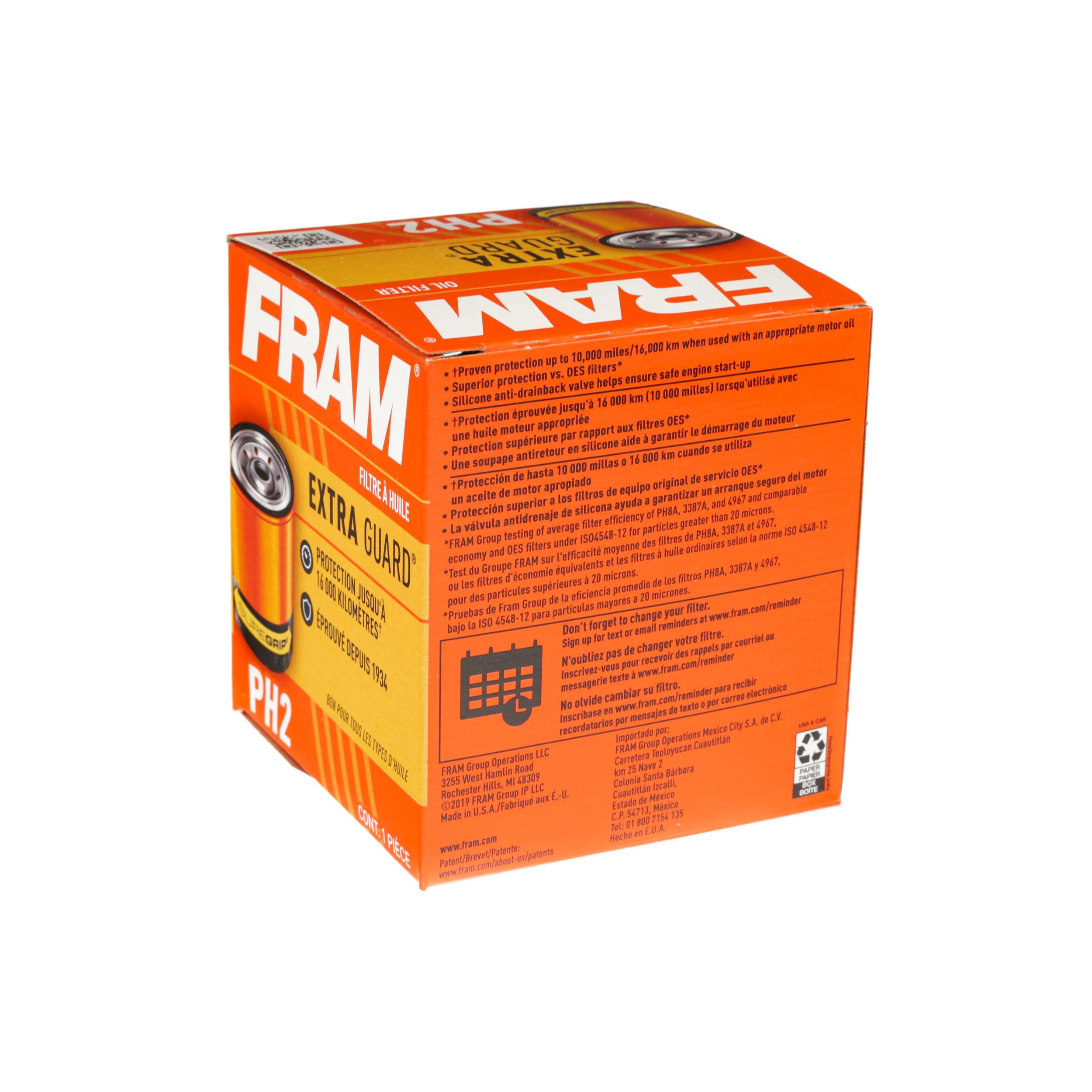 FRAM Extra Guard PH2, 10K Mile Change Automotive Replacement Interval Spin-On Engine Oil Filter for Select Vehicle Models