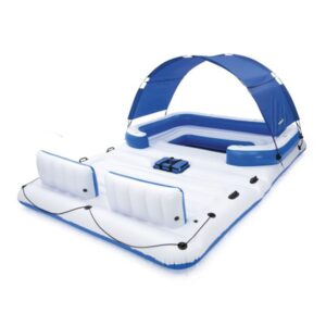 bestway hydro-force tropical breeze 6 person inflatable party island water float lounger with 6 cup holders, backrests, and detachable sun shade