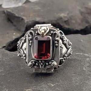 Sterling Silver Garnet Poison Box Locket Ring Size 8(Sizes 4,5,6,7,8,9,10)