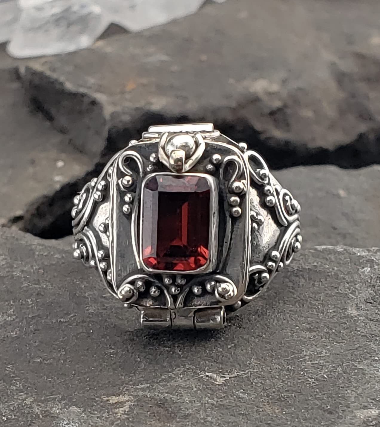 Sterling Silver Garnet Poison Box Locket Ring Size 8(Sizes 4,5,6,7,8,9,10)