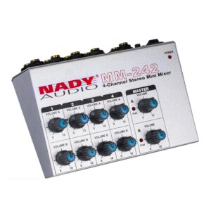 nady mm-242 4 stereo / 8 mono channel mini mixer with mono/stereo mode, ¼” inputs and outputs – battery powered, or use optional ac adapter