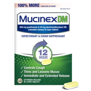 mucinex dm 12hr chest congestion & cough medicine for adults, cold and cough medicine for excess mucus relief, 600 mg guaifenesin & 30 mg dextromethorphan hbr, 40 bi-layer tablets