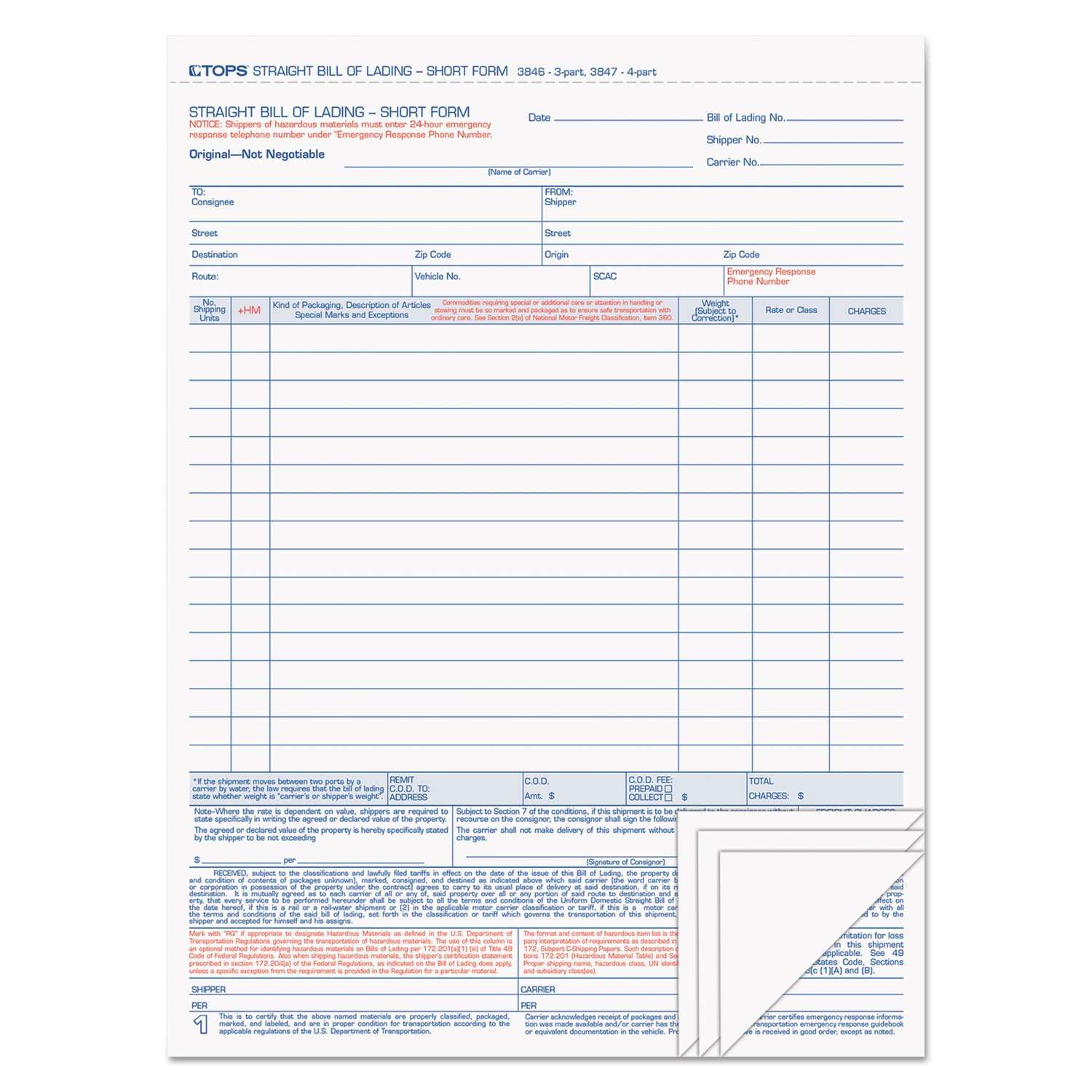 TOPS Bill of Lading 16-Line, Four Part Carbonless Sheet, 50 Sets/50-Pack - 3847