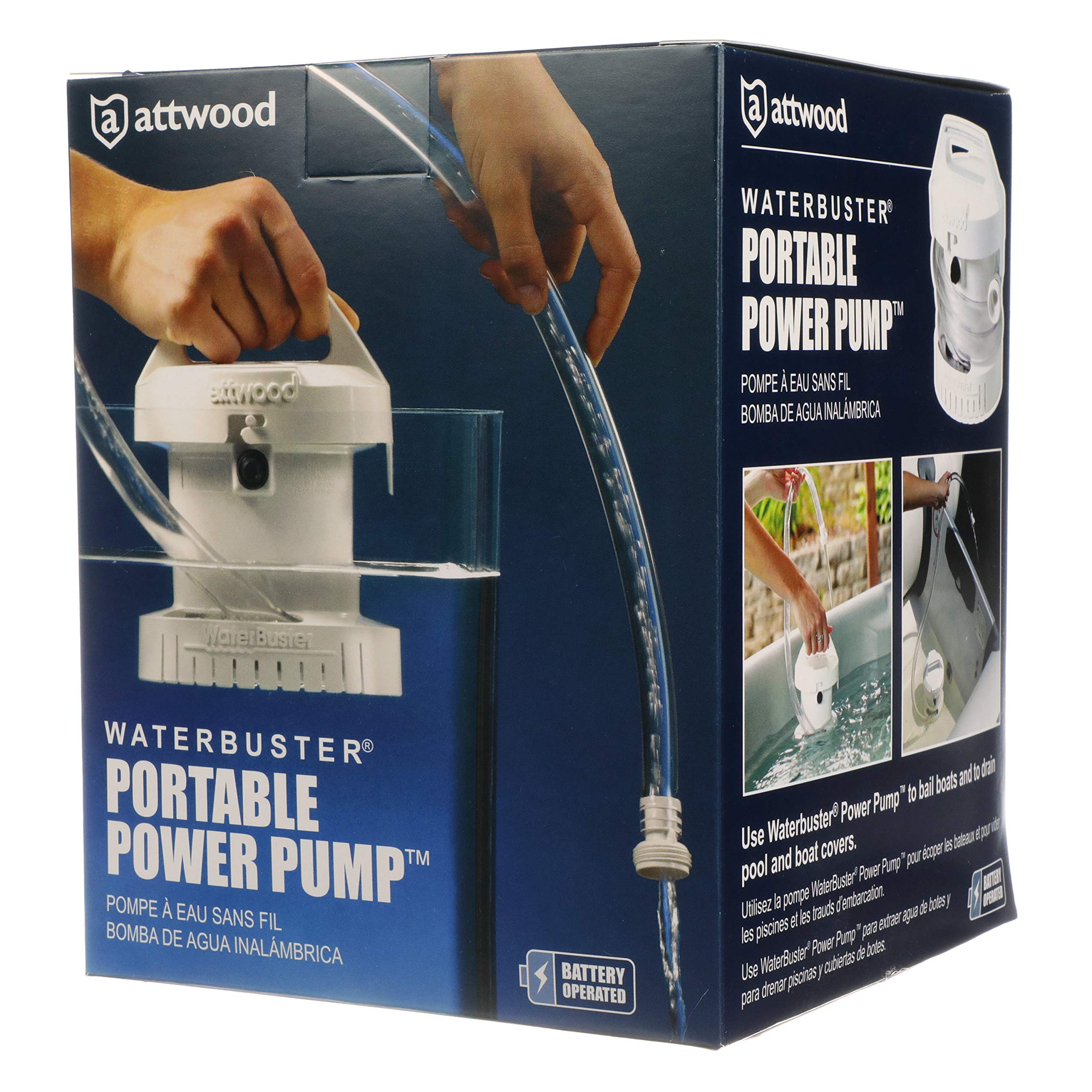 Attwood 4140-4 WaterBuster® Portable Pump, Submersible, Battery Powered, 200 GPH, 42-Inch Hose, 5 ¼-Inch Diameter