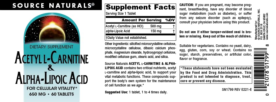 Source Naturals Acetyl L-Carnitine & Alpha-Lipoic Acid, for Cellular Vitality*, 650mg - 60 Tablets