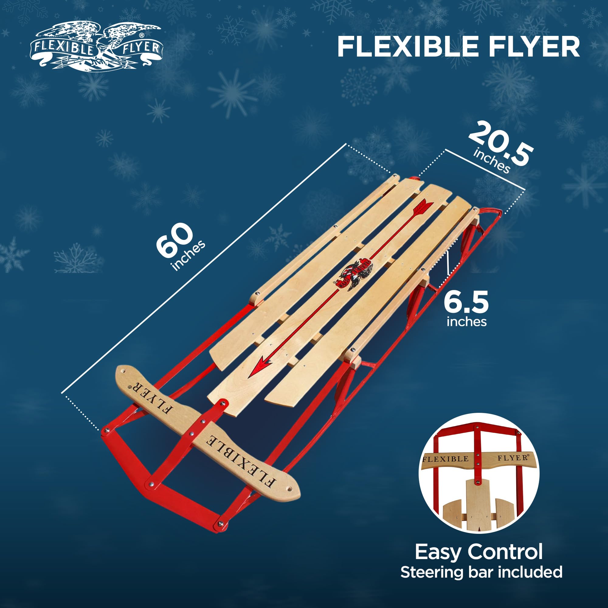 Paricon Flexible Flyer Metal Runner Steel and Wood Snow Sled Slider with Steering Bar, Pre Drilled Holes, and Triple Knee Construction, Red