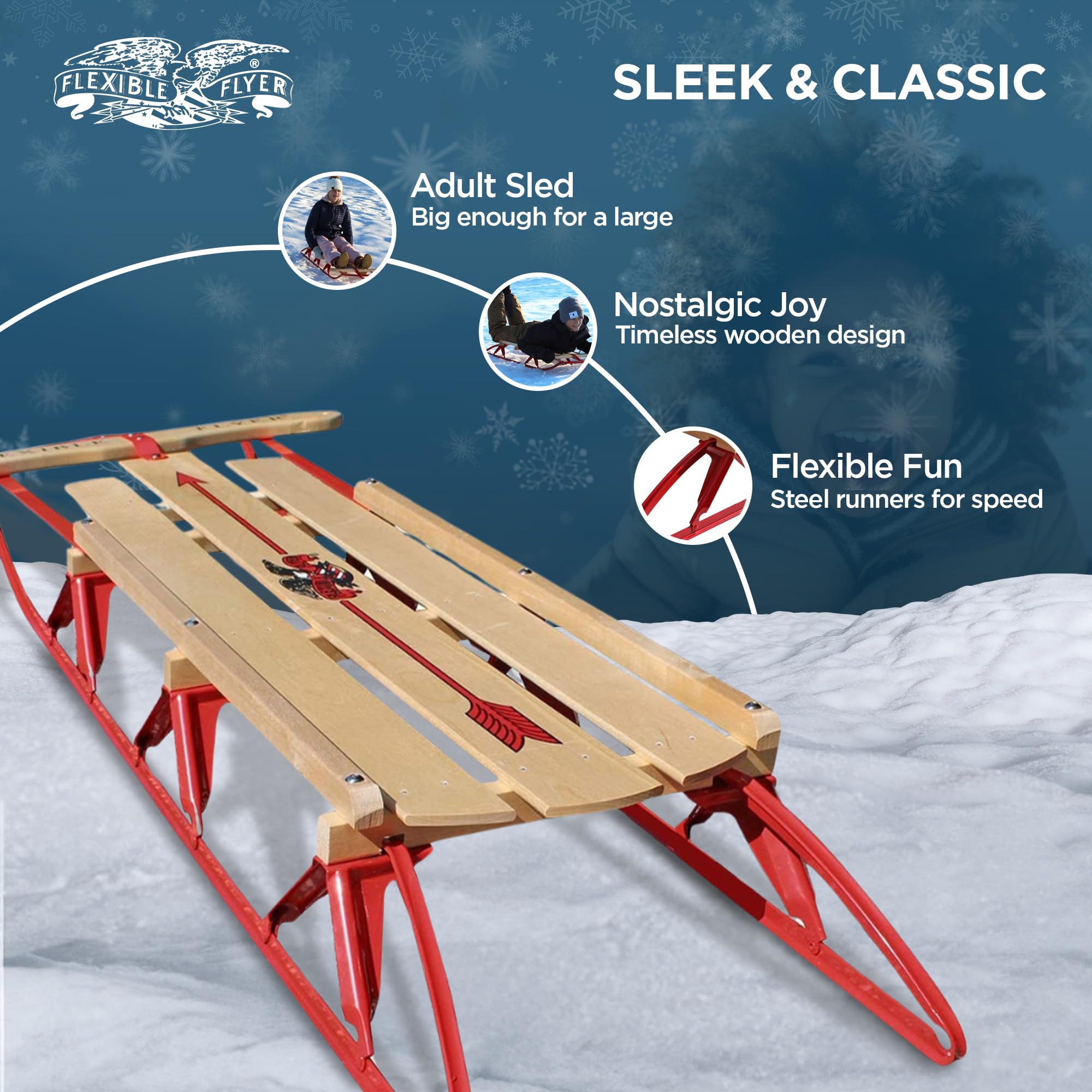 Paricon Flexible Flyer Metal Runner Steel and Wood Snow Sled Slider with Steering Bar, Pre Drilled Holes, and Triple Knee Construction, Red