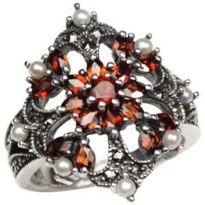 dahlia garnet fire burst cultured seed pearl sterling silver ring (size 7) vintage collection