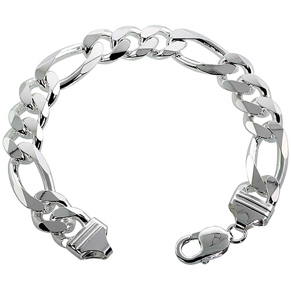 Thick Sterling Silver 13mm Figaro Link Chain Bracelet Heavy Beveled Edges Nickel Free Italy 8 inch