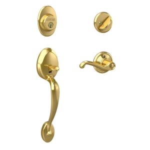 schlage f60 v ply 505 fla 605 plymouth front entry handleset with flair lever, deadbolt keyed 1 side, bright brass