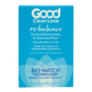 good clean love rebalance feminine wipes, supports vaginal health naturally & reduces odor, moisturizing & cleansing hygiene product made with aloe, ph-balanced feminine wipes, 12 biodegradable wipes