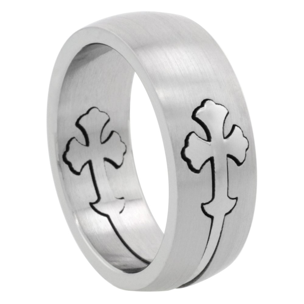 Surgical Stainless Steel 8mm Gothic Cross Wedding Band Ring Domed Matte Finish, size 10