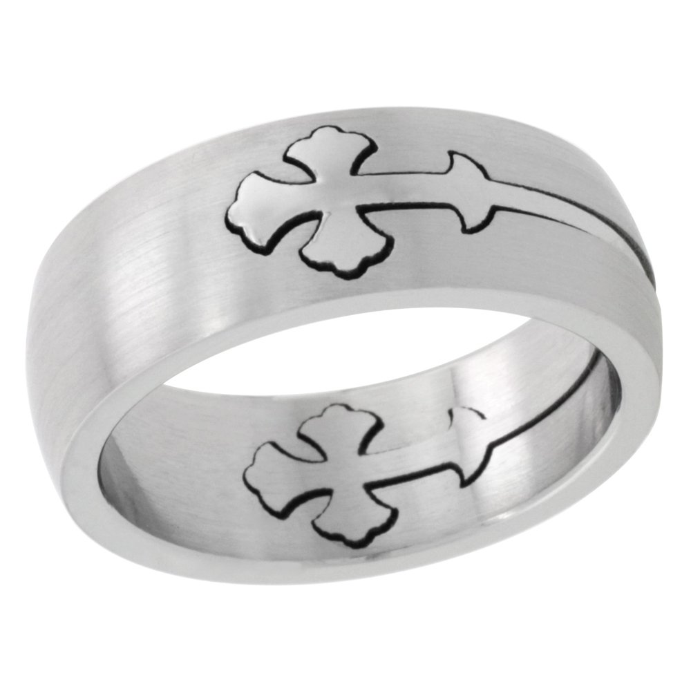 Surgical Stainless Steel 8mm Gothic Cross Wedding Band Ring Domed Matte Finish, size 10