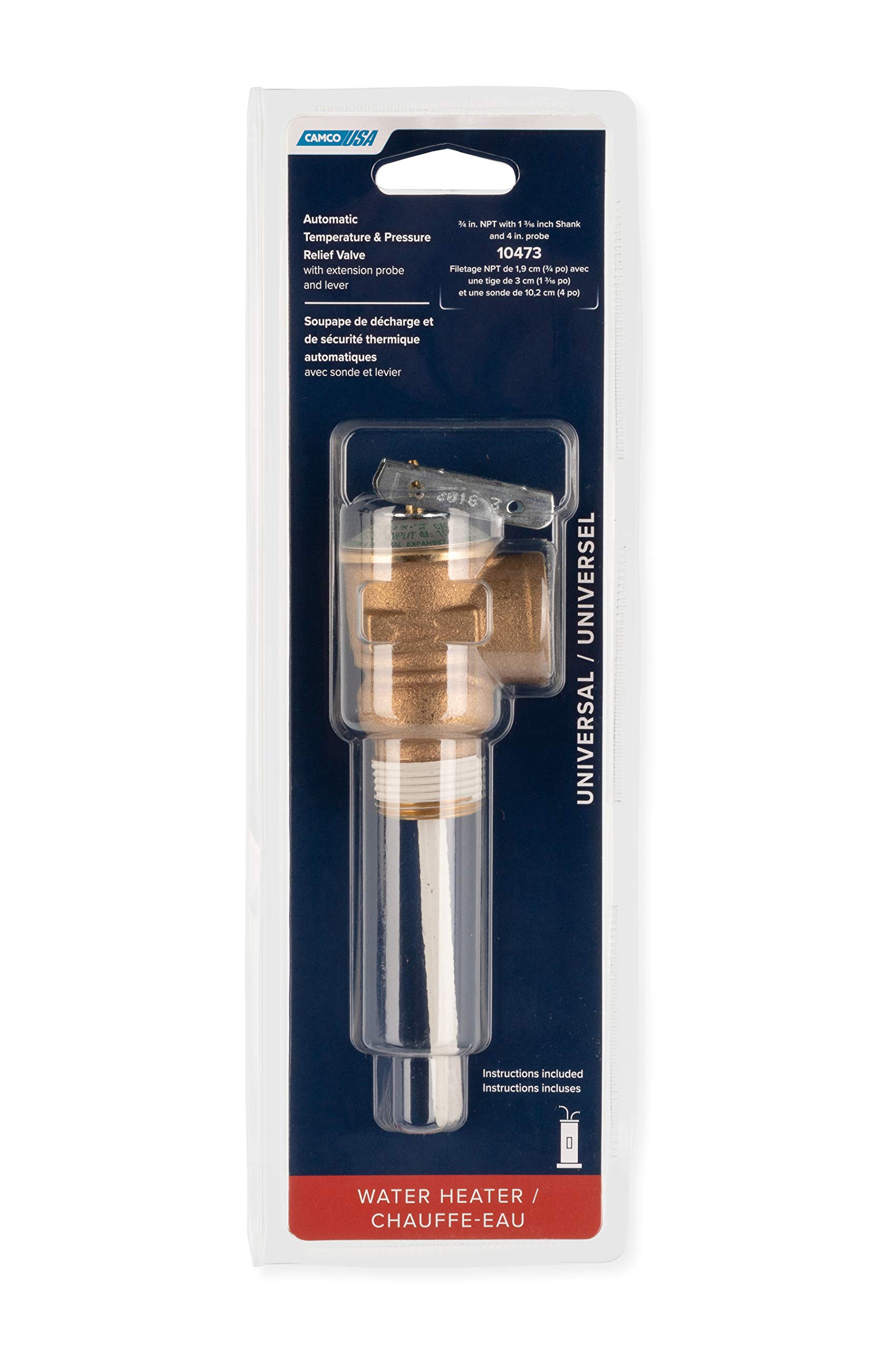 Camco Automatic Temperature and Pressure Relief Valve with Extension Probe and Lever | Features an All Brass Body with a Stainless Steel Pressure Spring | (10473), Silver/Pewter