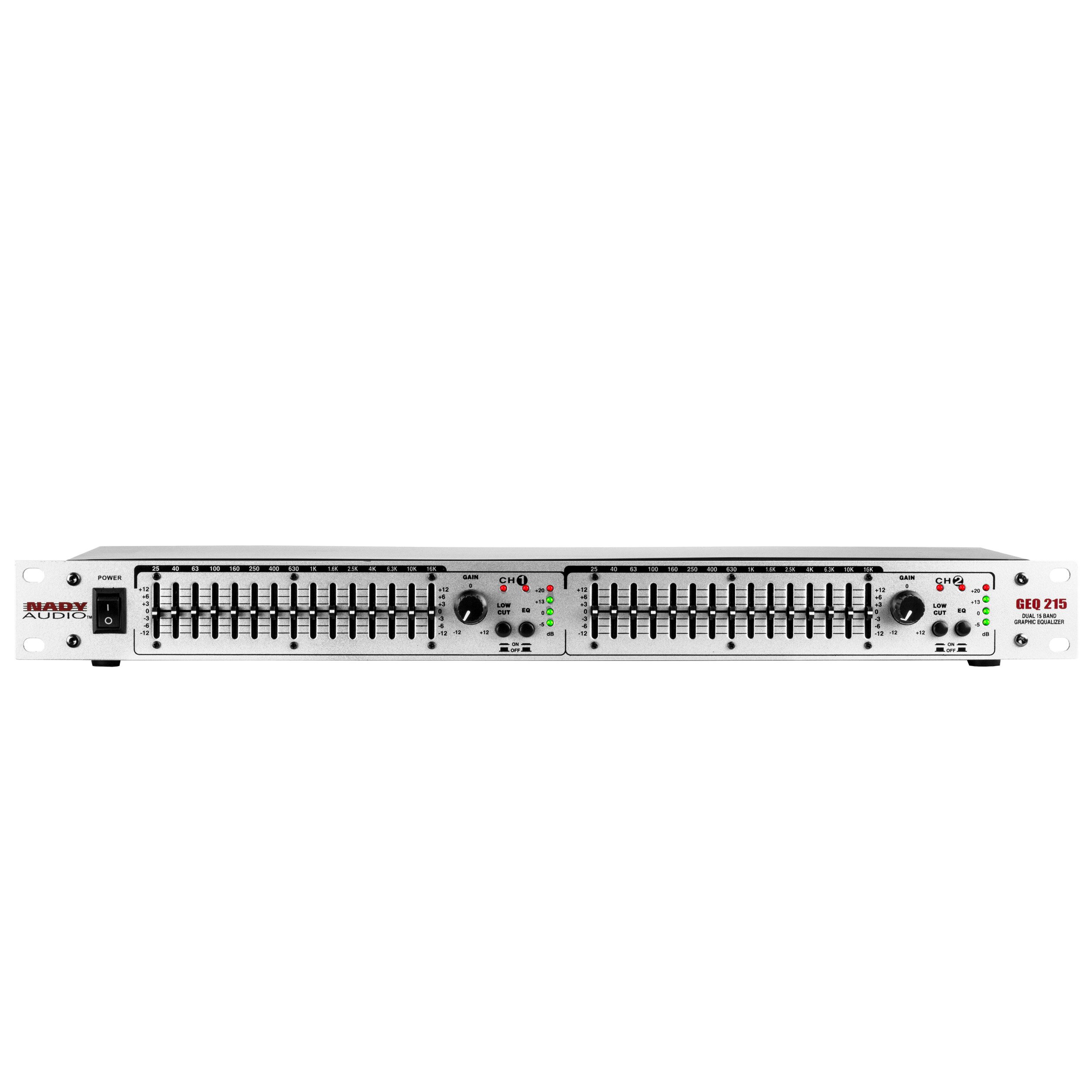 Nady GEQ-215 Graphic Equalizer, 2-channel 15 frequency bands of EQ, fits in a 19” single rack space, balanced XLR and 1/4” TRS inputs