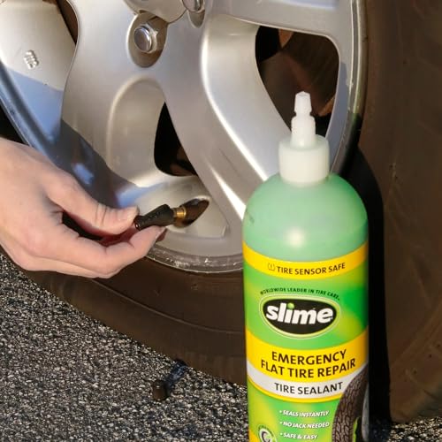 Slime 10011 Flat Tire Puncture Repair Sealant, Emergency Repair for highway vehicles, suitable for Cars/Trailers, Non-toxic, eco-friendly, 16 oz bottle