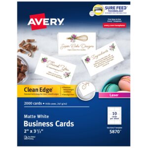 avery clean edge printable business cards with sure feed technology, 2" x 3.5", white, 2,000 blank cards for laser printers (5870)