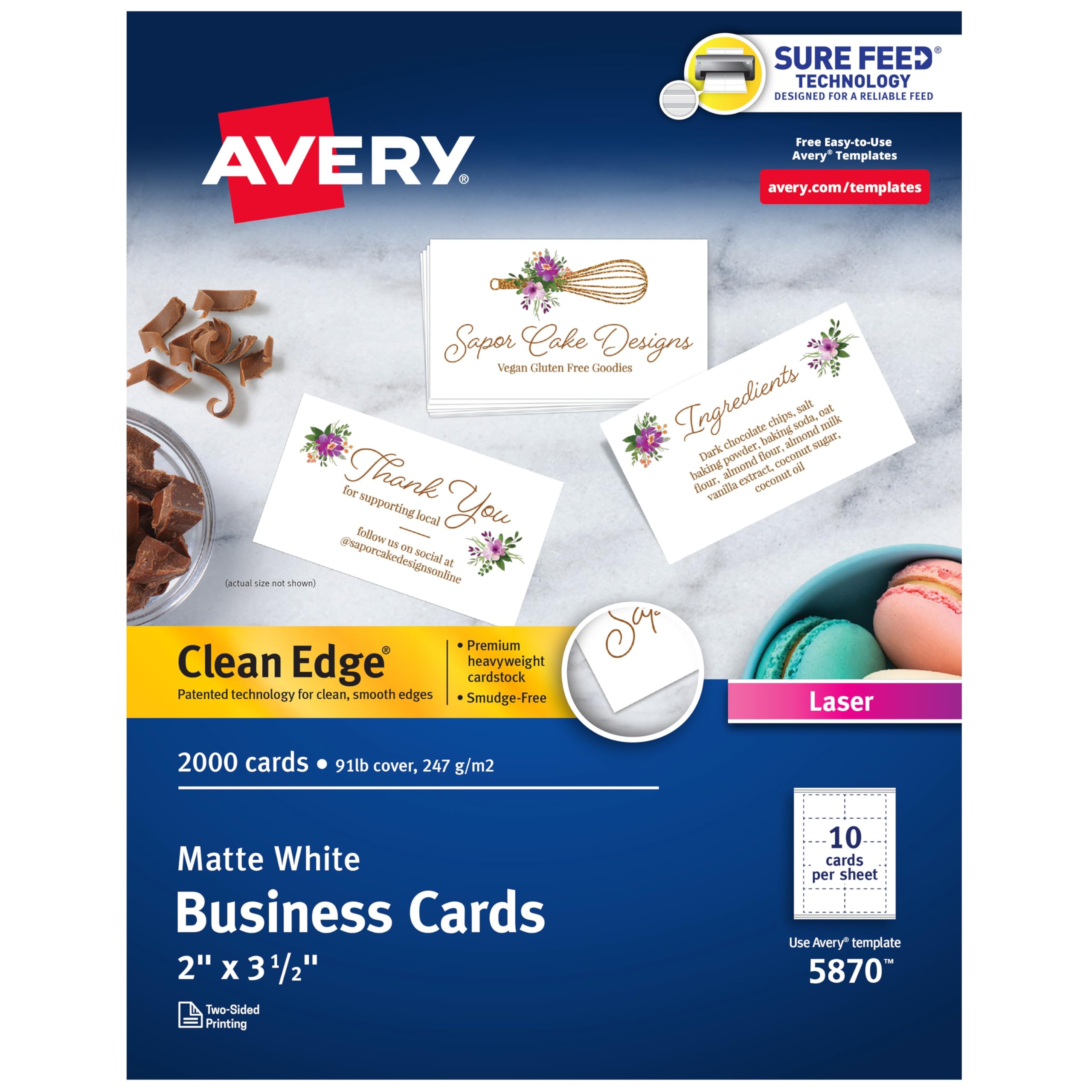 Avery Clean Edge Printable Business Cards with Sure Feed Technology, 2" x 3.5", White, 2,000 Blank Cards for Laser Printers (5870)