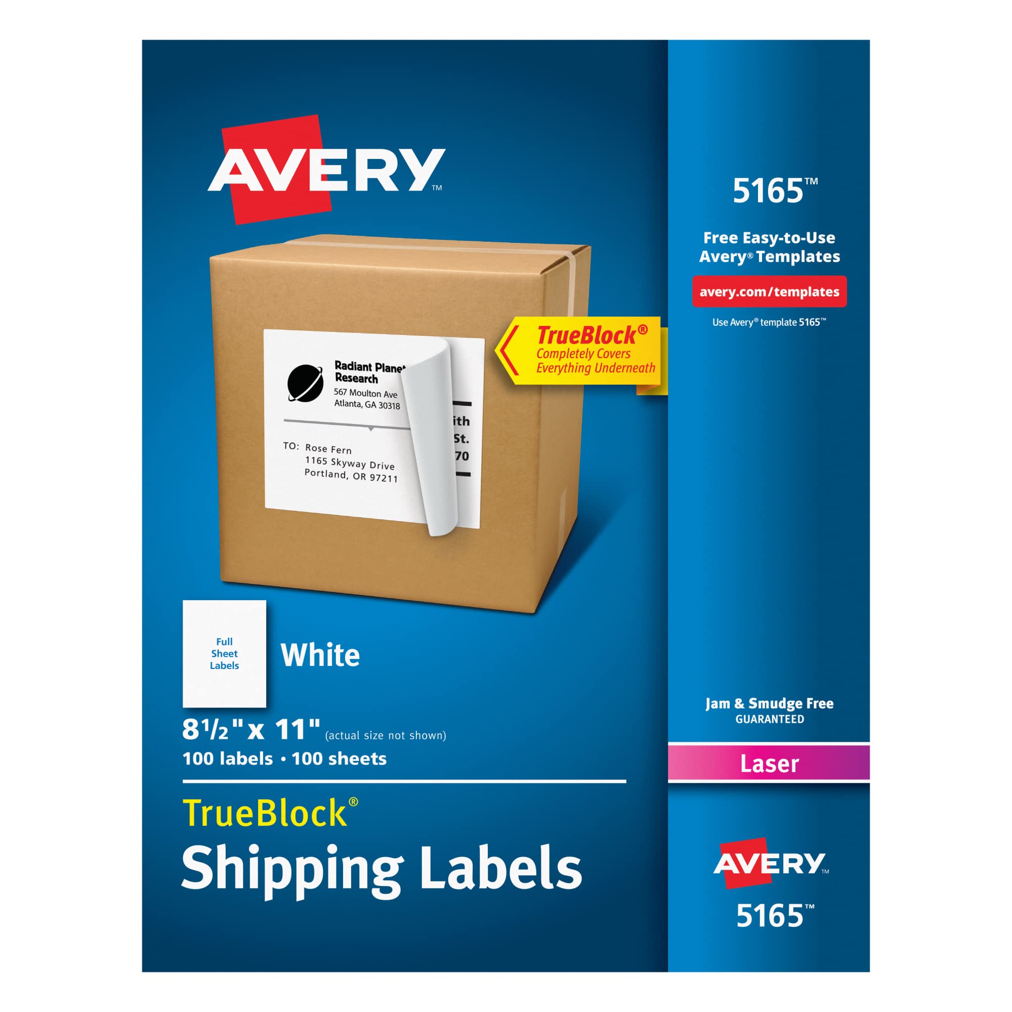 Avery(R) White Laser Permanent Full-Sheet Labels, 8 1/2in. x 11in., Box of 100, 5165