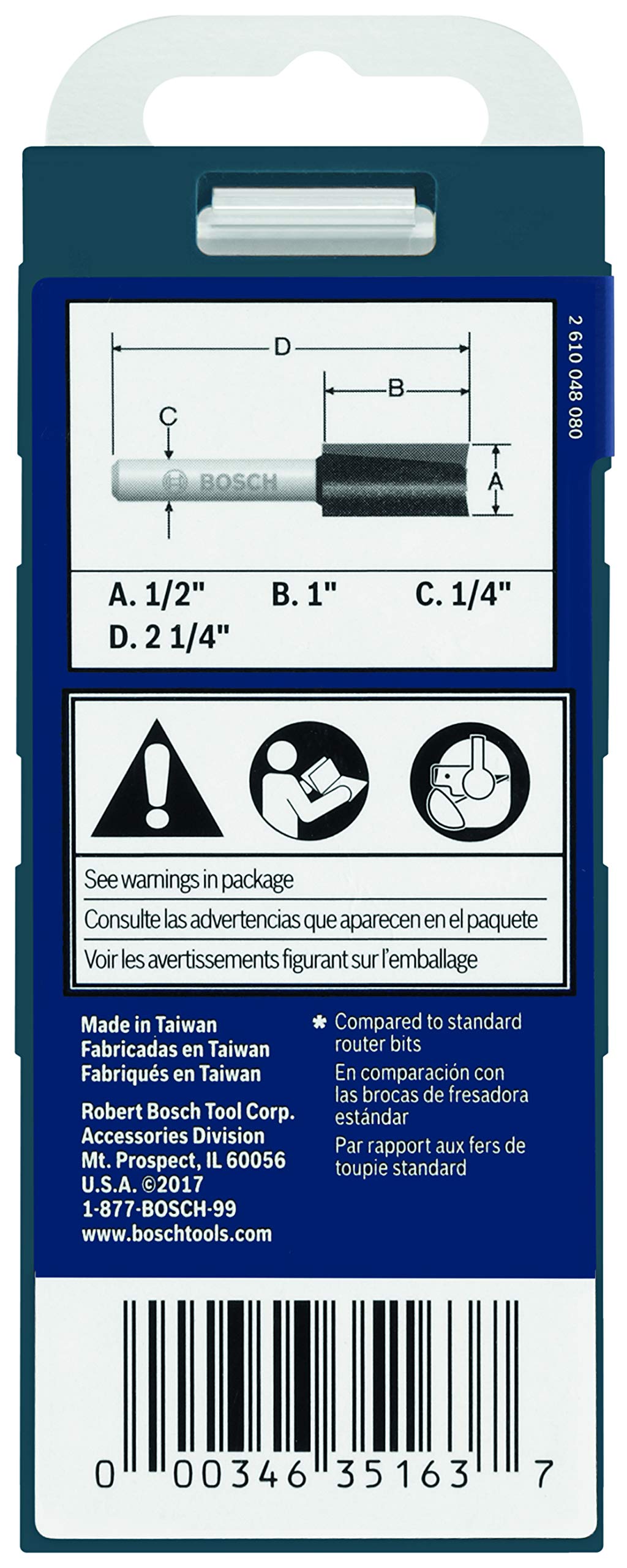 BOSCH 85227M 1/2 In. x 1 In. Carbide Tipped 2-Flute Straight Bit