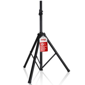 pyle universal speaker stand mount holder heavy duty tripod w/ adjustable height from 40” to 71” and 35mm compatible insert easy mobility safety pin and knob tension locking for stability, black