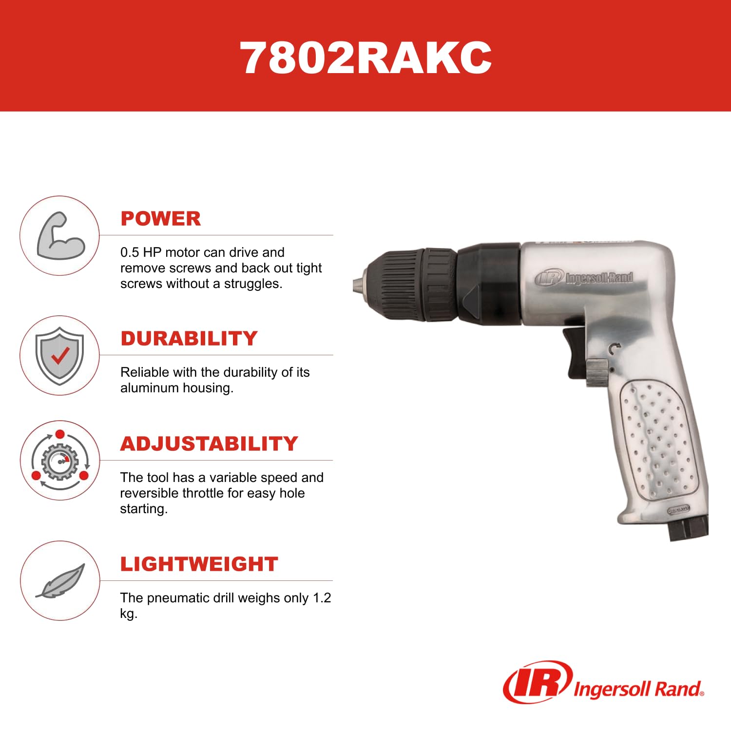 Ingersoll Rand 7802RAKC Heavy Duty 3/8-Inch Reversible Pneumatic Drill With Keyless Chuck