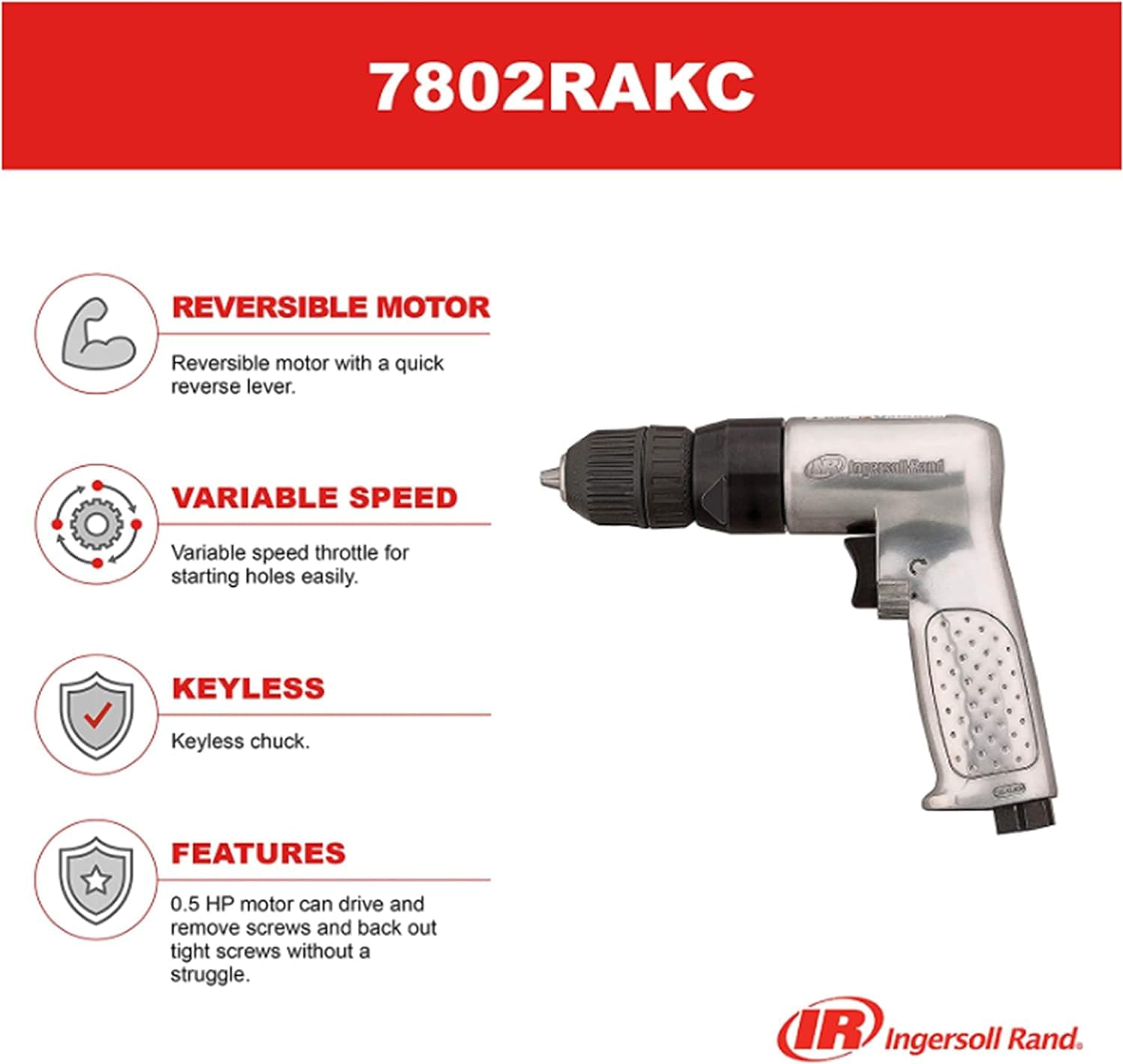 Ingersoll Rand 7802RAKC Heavy Duty 3/8-Inch Reversible Pneumatic Drill With Keyless Chuck