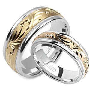 alain raphael two-tone sterling silver & 10k yellow gold 6 millimeters & 8 millimeters wide wedding band set him and her