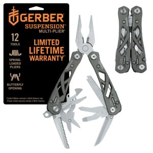 gerber gear suspension 12-in-1 needle nose pliers multi-tool - multi-plier, wire cutter, crosspoint and flathead screwdriver set, small scissors - edc gear and equipment - gifts for men - gray